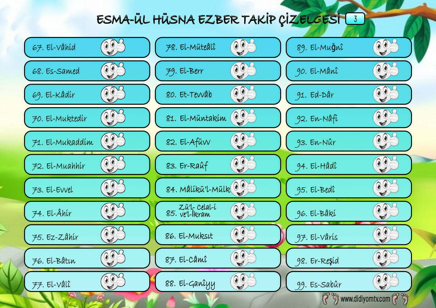 Esma-ül Hüsna Ezber Çizelgesi - Allah'ın İsimleri Ezberleme - Didiyom ...